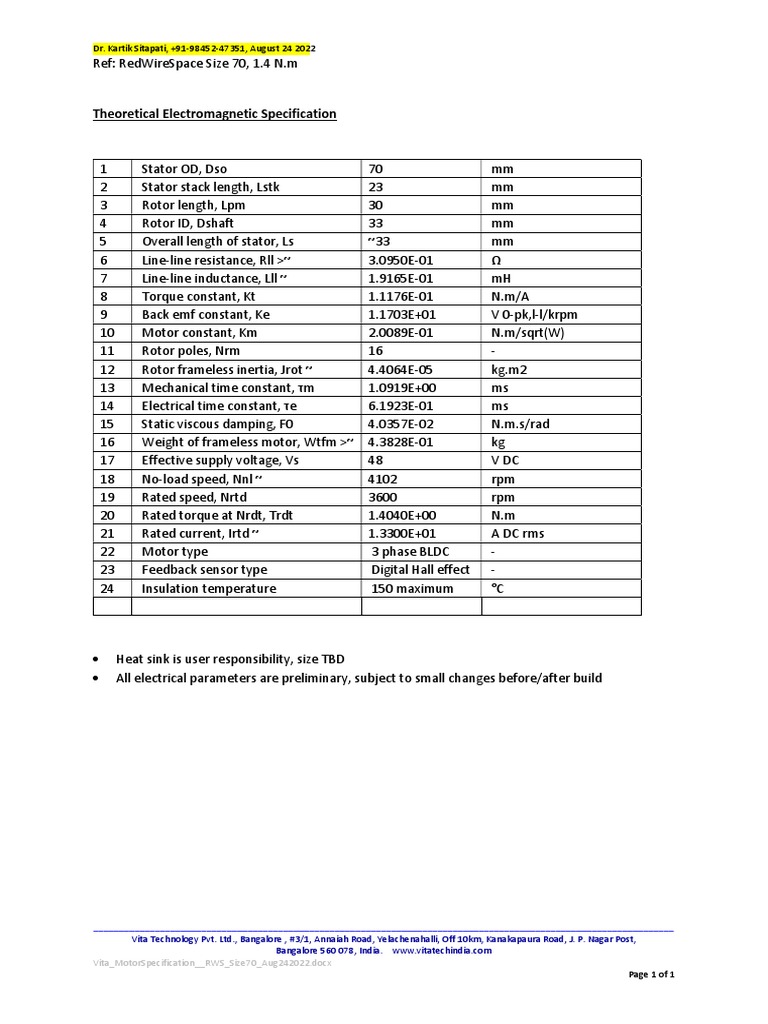 BLDC Motor Specs - Size 70, 1.4 N.m | PDF