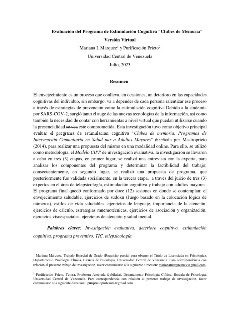 MARQUEZ M. y PRIETO P. EVALUACIÓN DEL PROGRAMA DE ESTIMULACIÓN COGNITIVA CLUBES DE MEMORIA ...