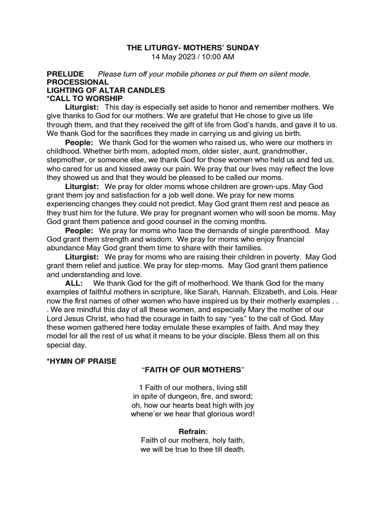 Mothers Sunday Liturgy May 14 2023 | PDF | Confession (Religion) | Prayer