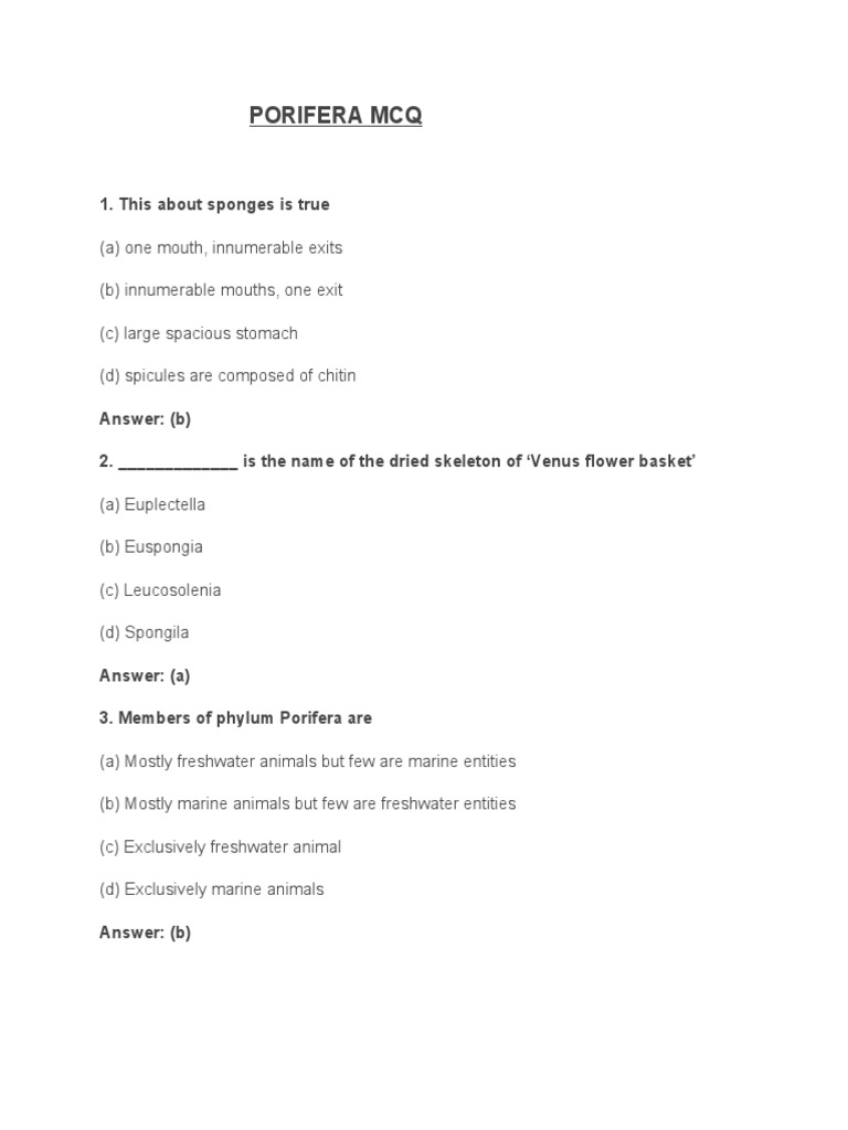 Porifera MCQs for Class 11 Students | PDF | Science & Mathematics