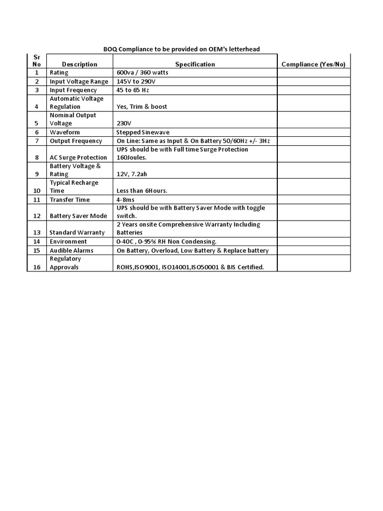 BOQ Compliance To Be Provided On OEM's Letterhead: SR No Description ...