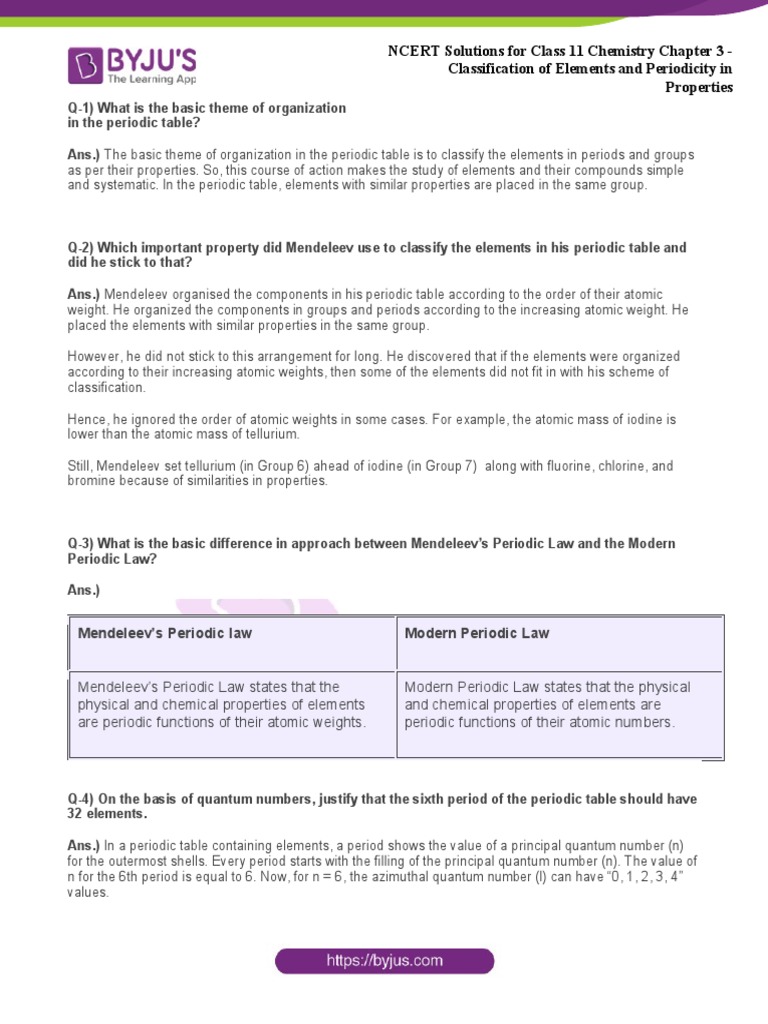 NCERT Solutions For Class 11 Chemistry 15may Chapter 3 Classification ...