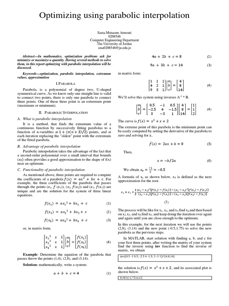 Optimizing Using Parabolic Interpolation Applied Numerical Matlab Project Pdf Mathematical