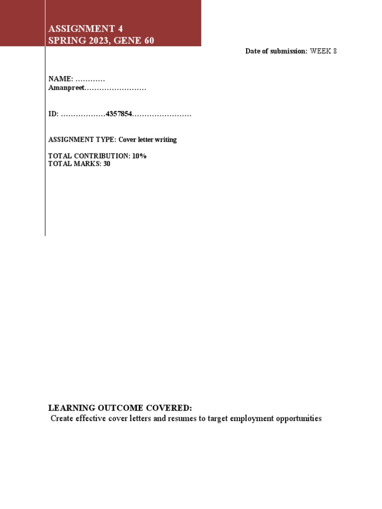 Cover Letter Assignment 3 | PDF | Business Analysis | Business