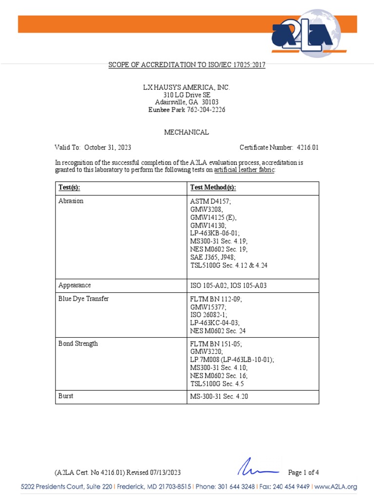 Scope of Accreditation To Iso/iec 17025:2017 LX Hausys America, Inc ...