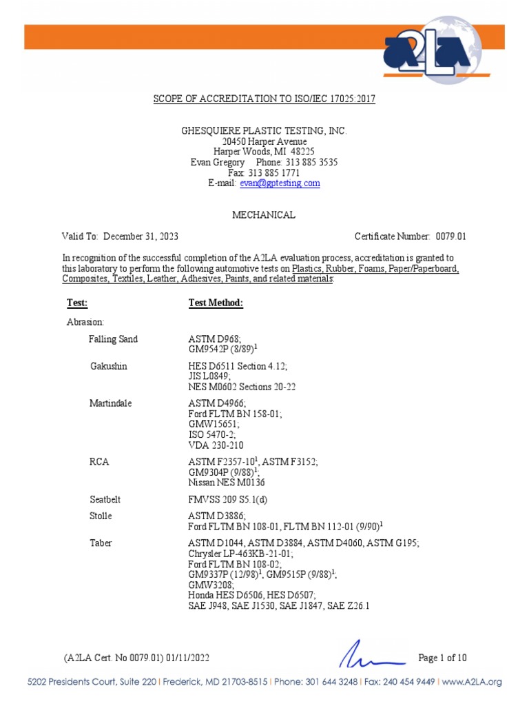 Scope of Accreditation To Iso/iec 17025:2017 Ghesquiere Plastic Testing ...