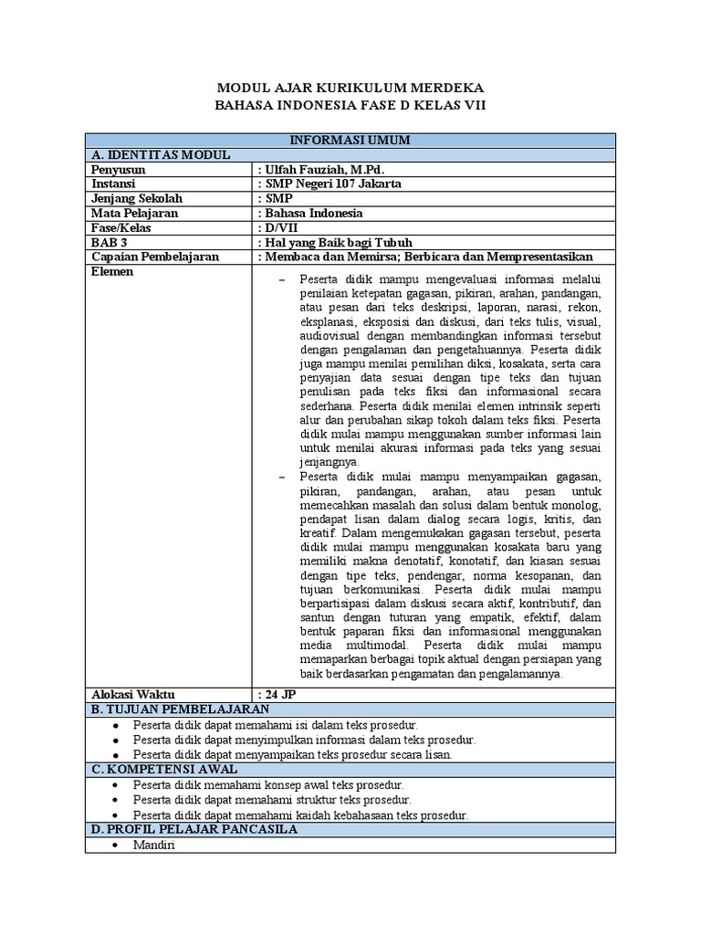 Modul Ajar Bab 3 (Teks Prosedur) | PDF