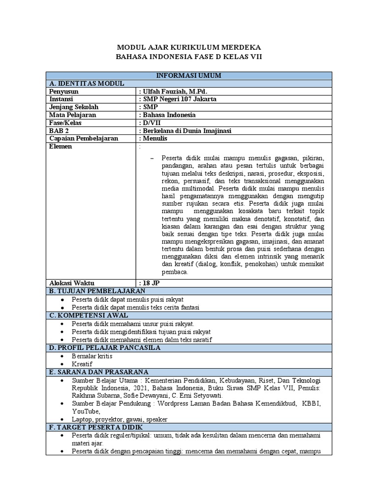Modul Ajar Bab 2 (Puisi Rakyat Dan Cerita Fantasi) | PDF