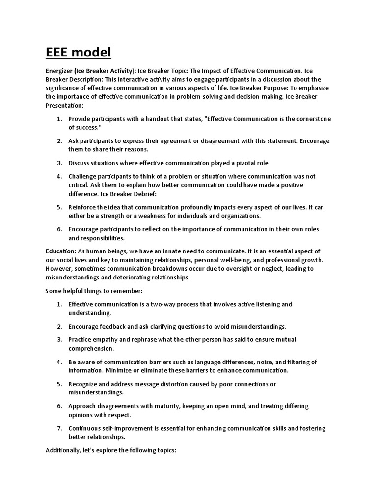 EEE Model: Energizer (Ice Breaker Activity) : Ice Breaker Topic: The ...