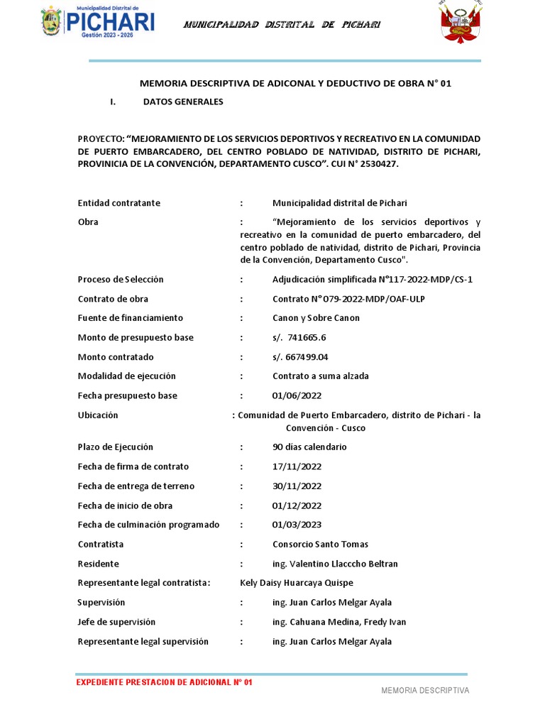 Memoria - Descriptiva - ADICIONAL 01 PTO EMBARO OK | PDF | Presupuesto