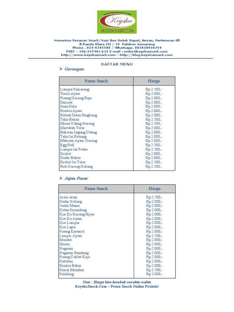 Daftar Menu Keysha Snack 4docx Viewdaftar Menu Gorengan Nama Snack Harga Lumpia | PDF
