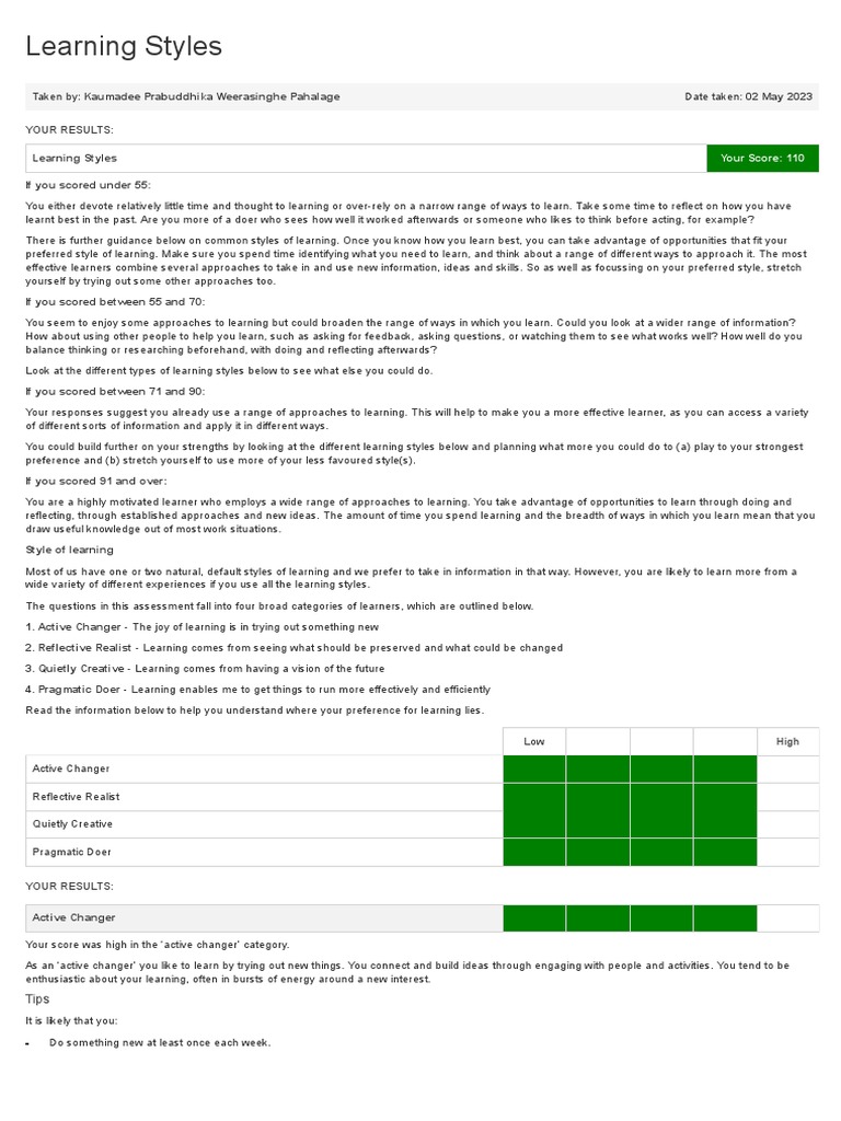 CareerAssessments Learning Styles 2023-05-02 | PDF | Learning | Learning Styles