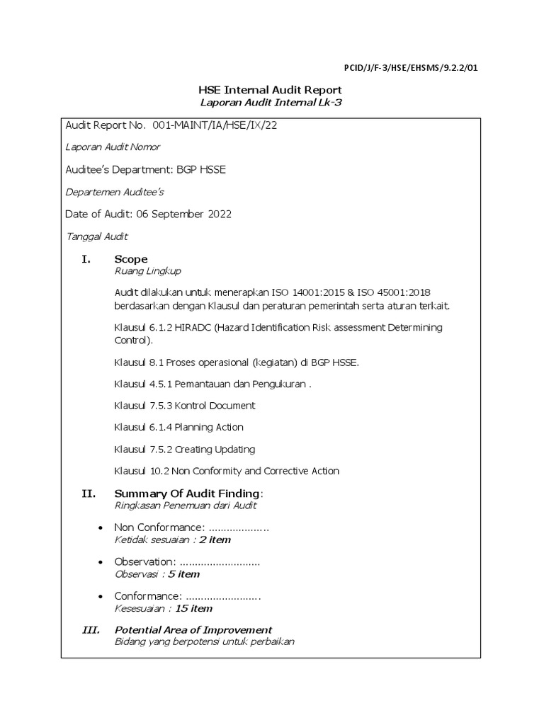 f.3 HSE Internal Audit Report (45001) | PDF