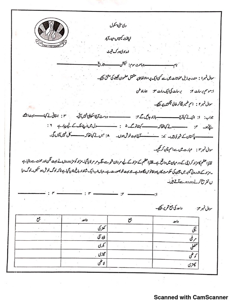 Class 3 Urdu All Worksheets by City School | PDF