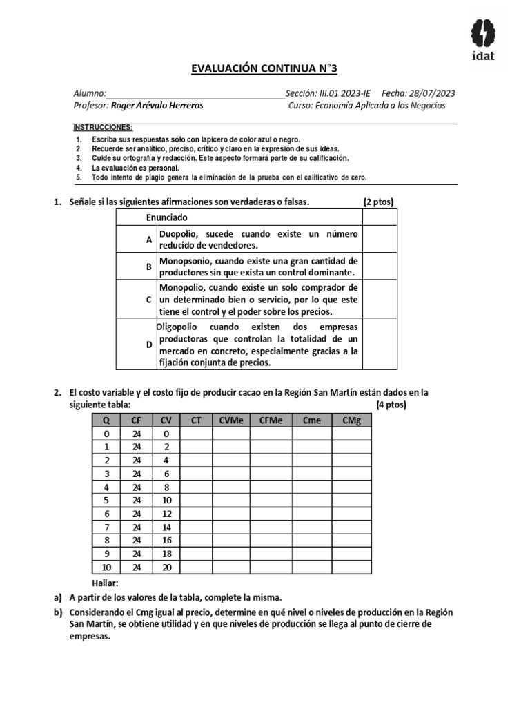 EC 3 EN Roger Arévalo | PDF | Mercado (economía) | Monopolio