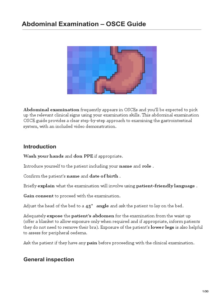 Abdominal Examination OSCE Guide | PDF | Abdomen | Medical Specialties Abdominal Examination OSCE Guide | PDF | Abdomen | Medical Specialties