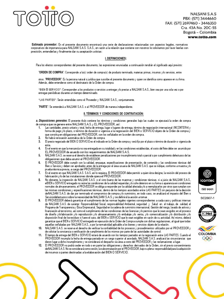 Terminos y Condiciones Proveedores Externos | PDF | Calidad (comercial ...