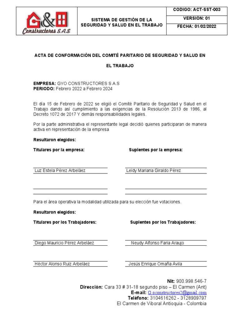 Act-Sst-003 Acta Conformación Del Copasst | PDF | Gobierno