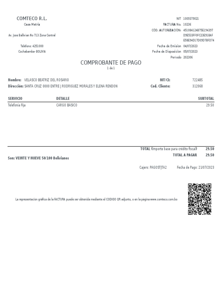 Factura Comteco R.L. - Julio 2023 | PDF