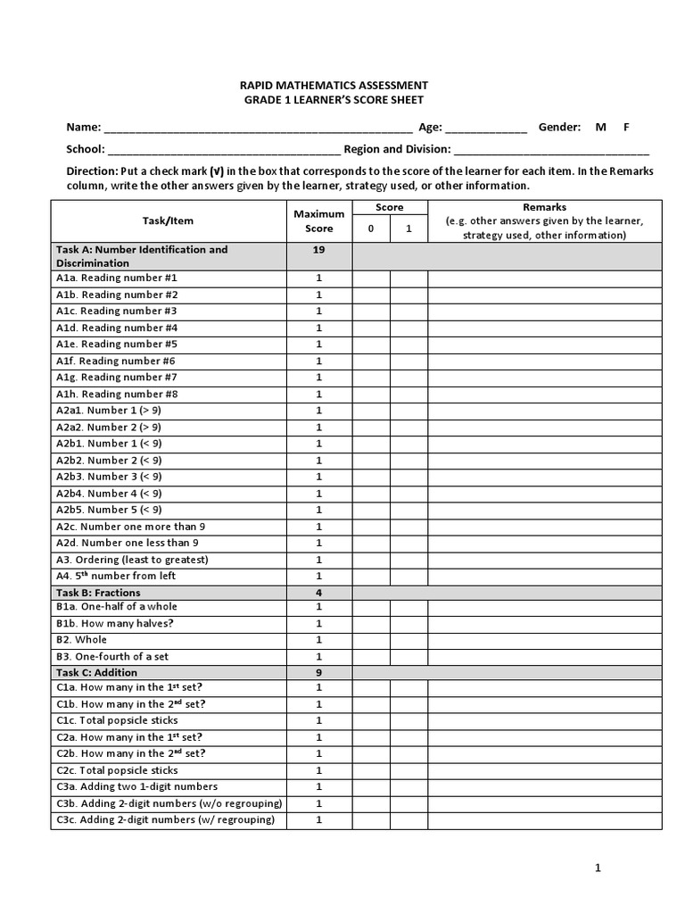 RMA Grade 1 Learner S Scoring Sheet 17 June 2023 | PDF