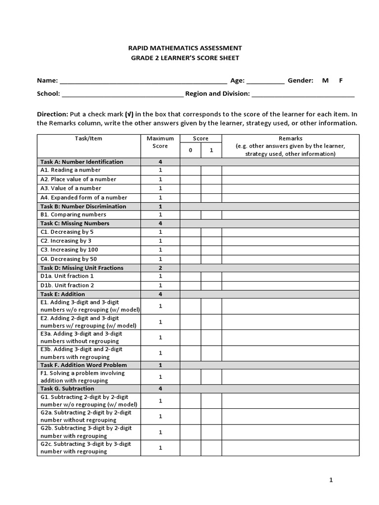RMA Grade 2 Learner s Scoring Sheet 13 June 2023 | PDF