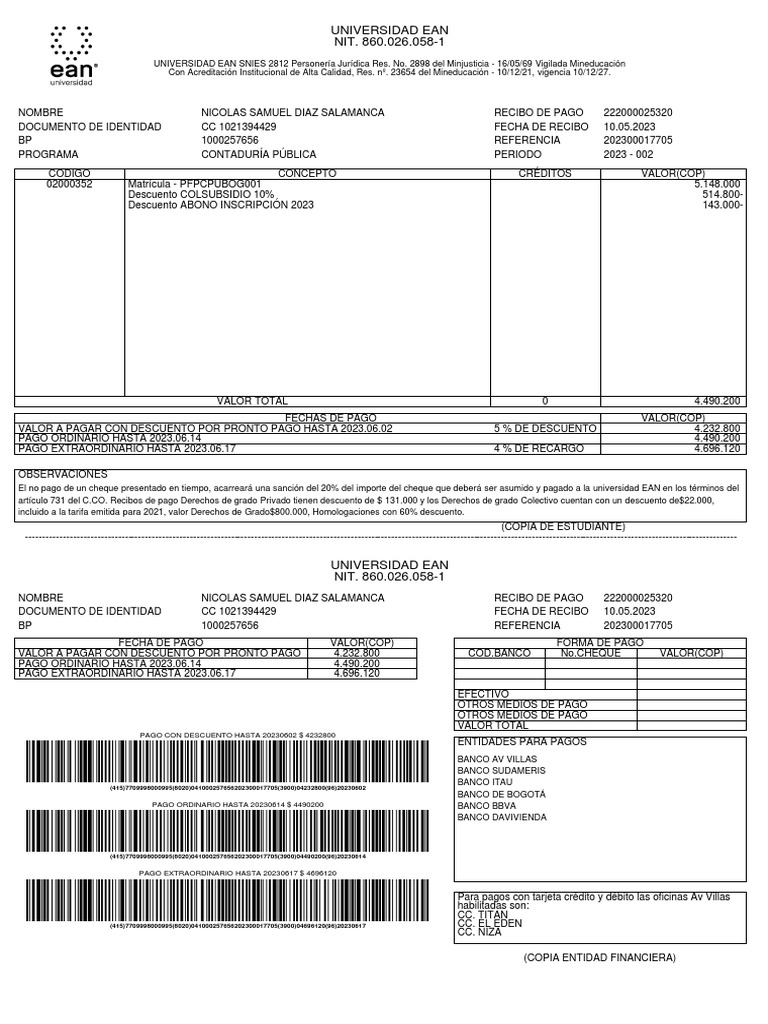 Recibo de Pago Universidad EAN 2023 | PDF | Servicios financieros ...