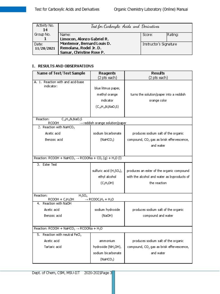 Test For Carboxylic Acids and Derivative - Worksheet Online Class | PDF
