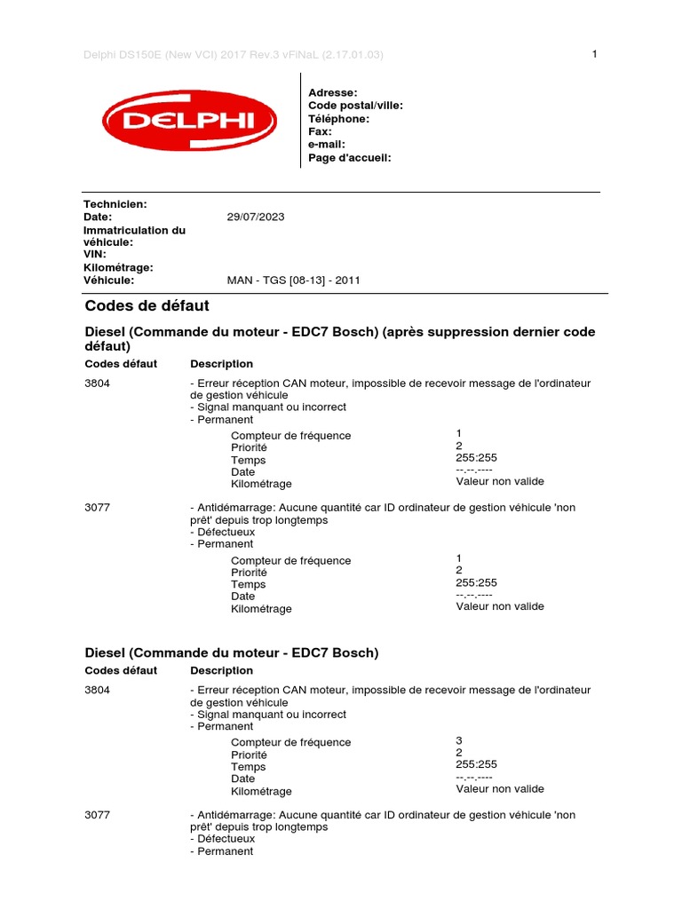 Codes de Défaut: Diesel (Commande Du Moteur - EDC7 Bosch) (Après ...