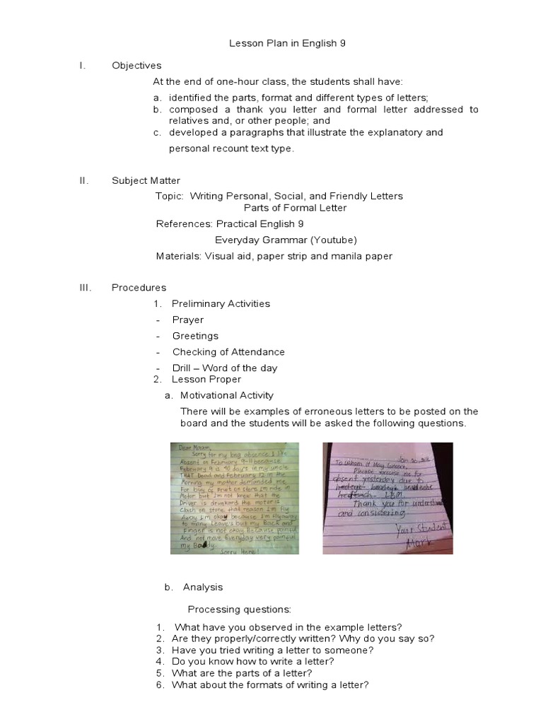 Lesson Plan in Grade 9-Letter Writing | PDF | Lesson Plan | Cognition