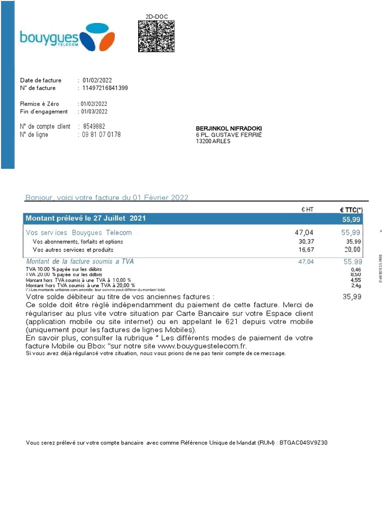 Modèle de Facture PDF Bouygues Telecom | PDF | Argent | Paiements