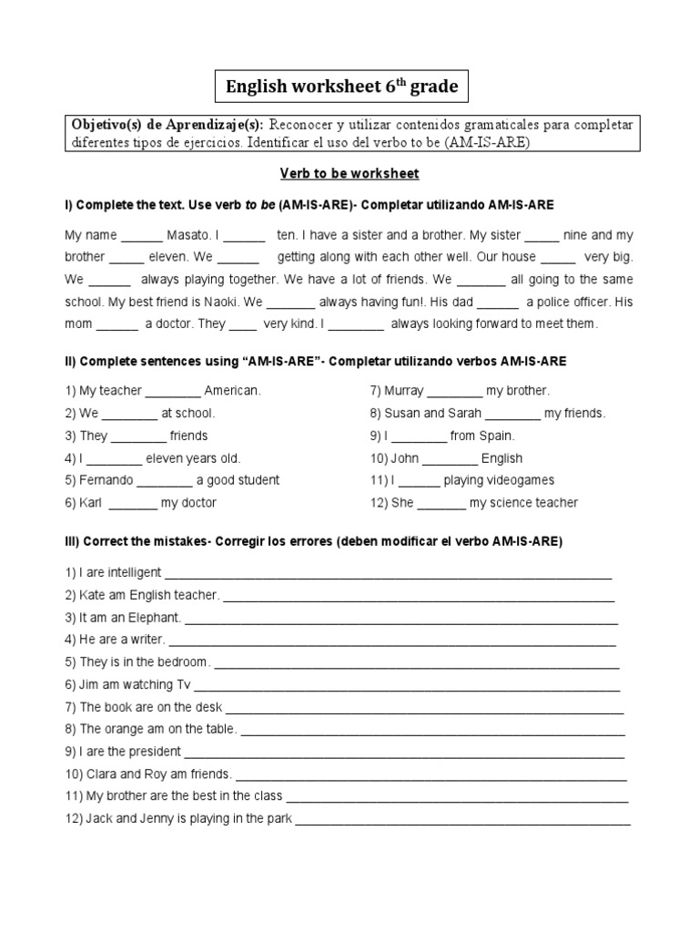 6th Grade Worksheet - Verb To Be | PDF | Linguistics
