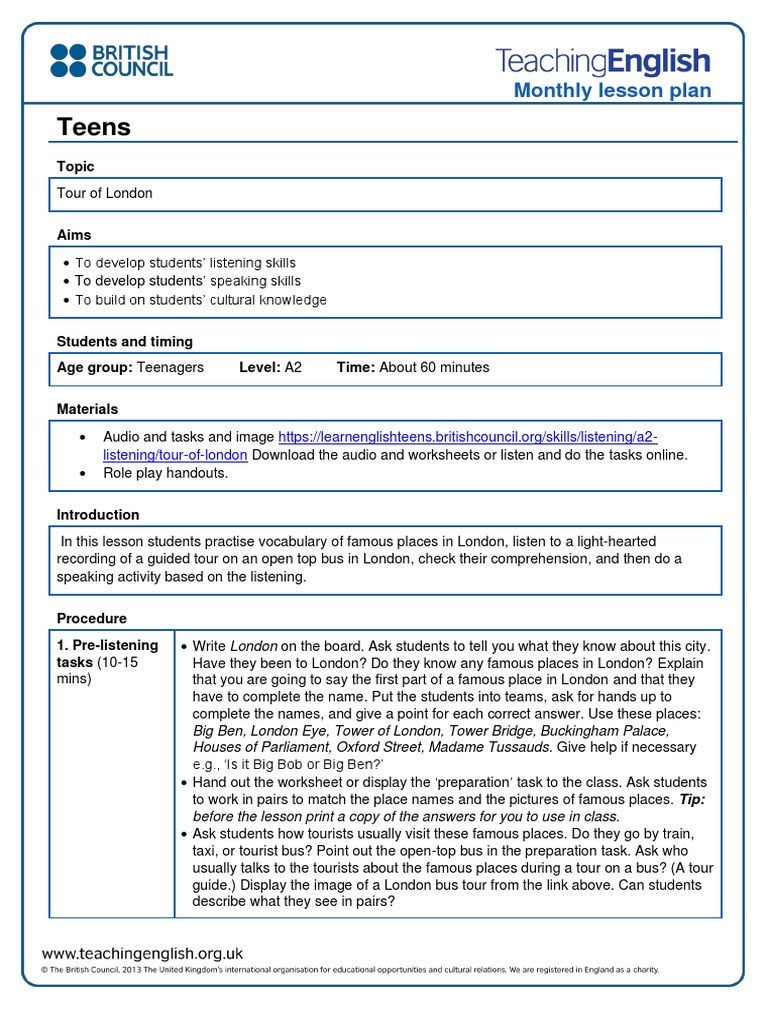 A2 Listening: London Tour Lesson Plan | PDF | Lesson Plan | Cognitive ...