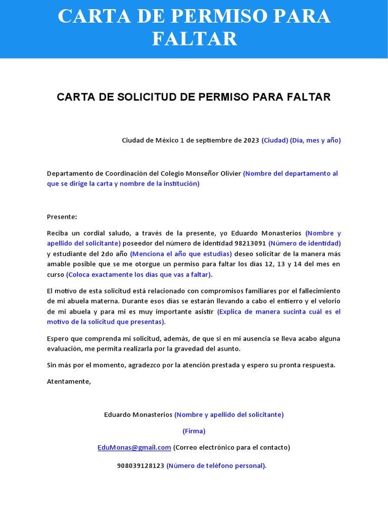 Carta de Solicitud de Permiso para Faltar | PDF