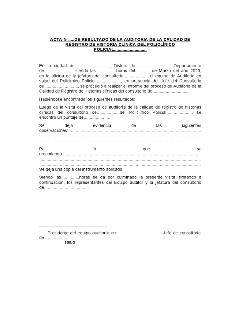 MODELO DE ACTA DE ENTREGA RESULTADO AUDITORIA | PDF