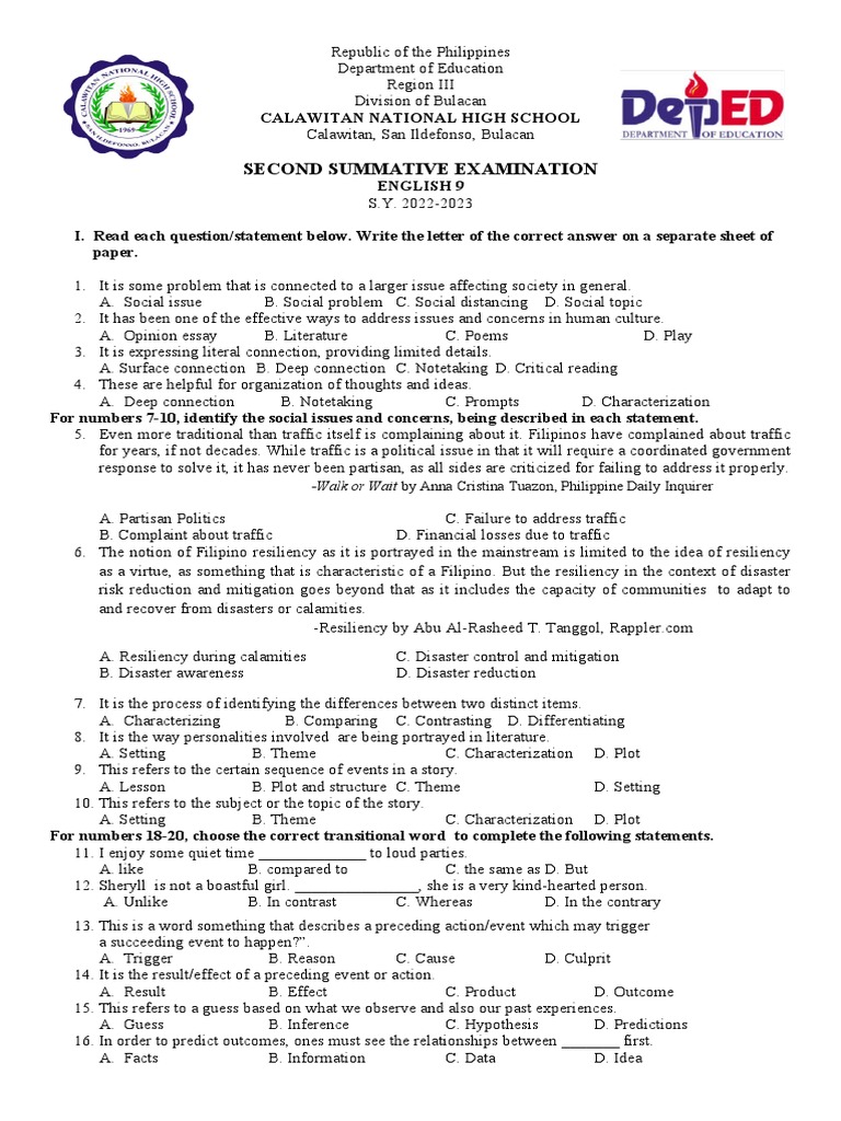 Second Summative Exam in English 9 | PDF