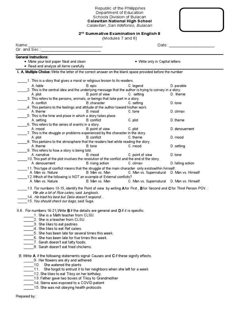 English 8 Summative Exam Guide | PDF