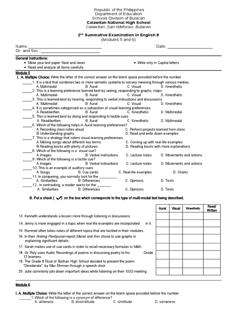2nd Summative Test-English 8 Modules 5 and 6 | PDF | Cognitive Science ...