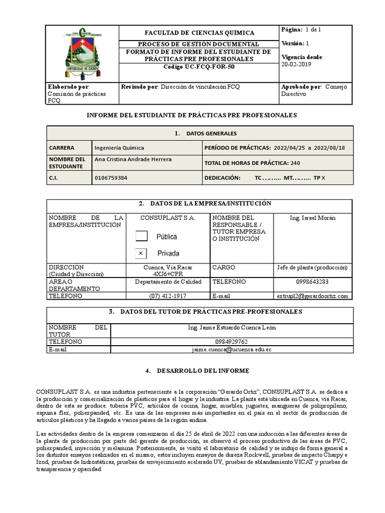 F50. Formato de Informe Del Estudiante de Prácticas Pre Profesionales | PDF | El plastico ...