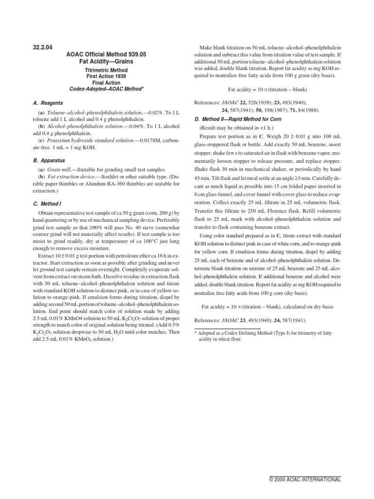 AOAC-Official-Method-939.05-Fat-Acidity—Grains-Titrimetric-Method | PDF ...
