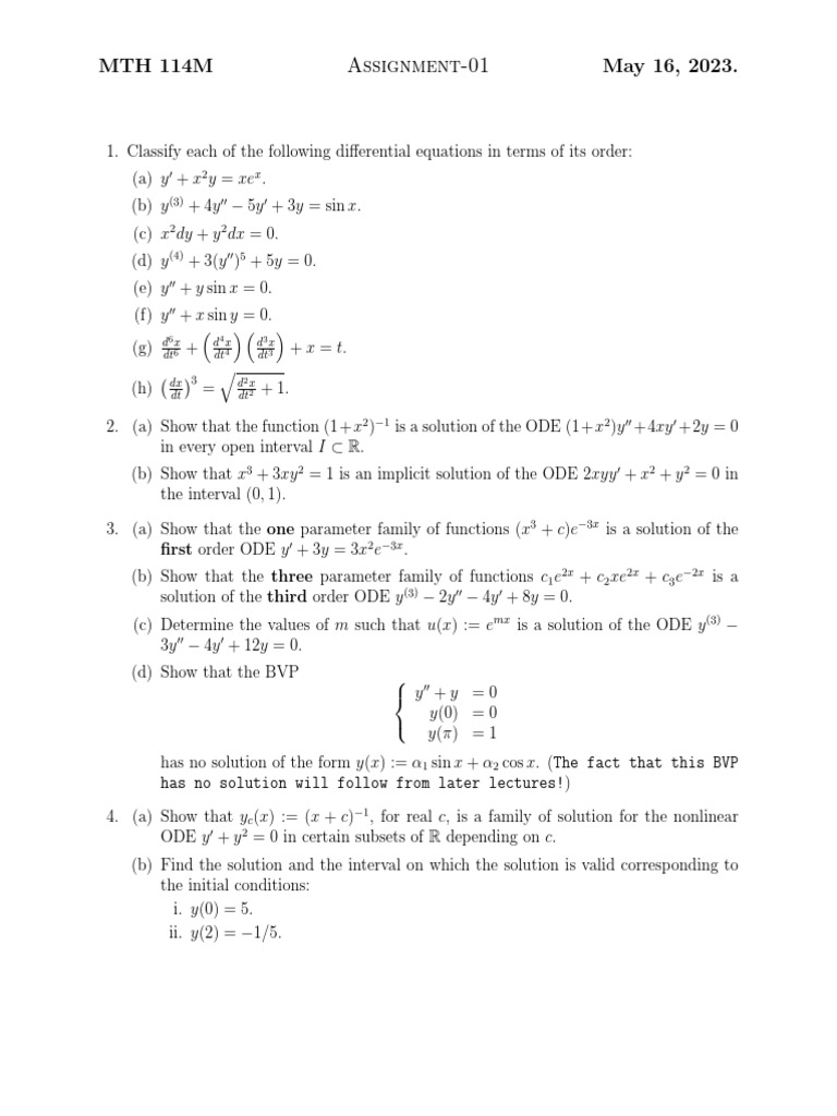 MTH 114 ODE Assignment Overview | PDF | Teaching Methods & Materials