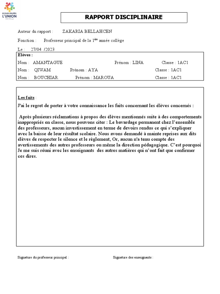 Rapport Comportement Élève | PDF