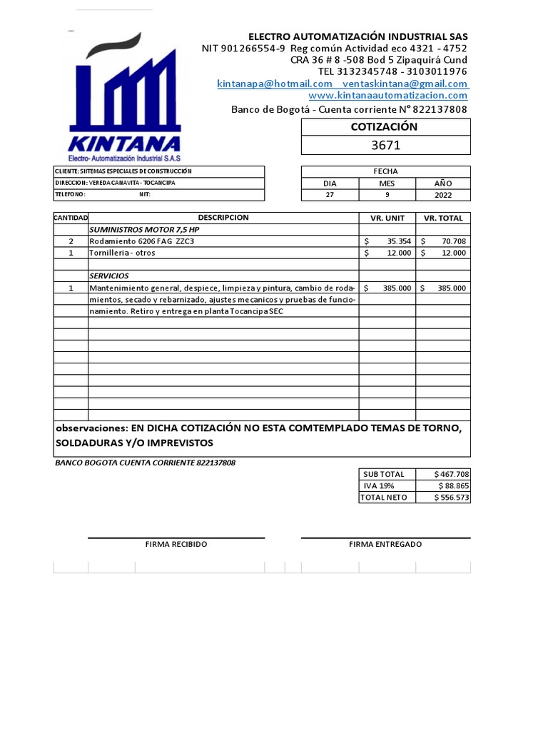 Cotización de Mantenimiento y Suministros | PDF