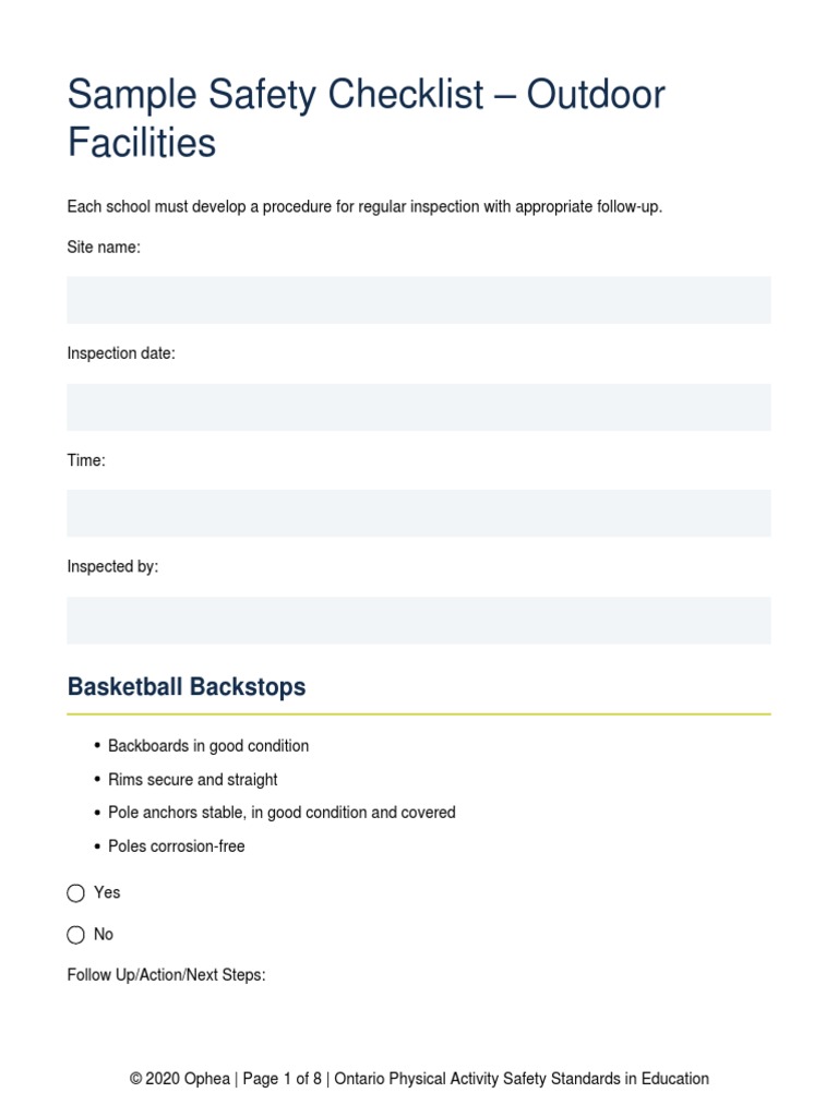 Sample Safety Checklist Outdoor Facilities | PDF