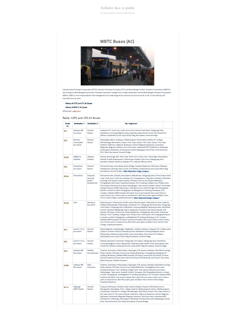 WBTC Buses (AC) - Kolkata Bus-O-Pedia | PDF