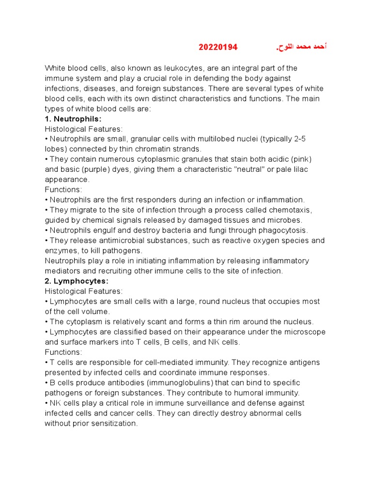 Assignment Histology 3 | PDF | White Blood Cell | Immune System
