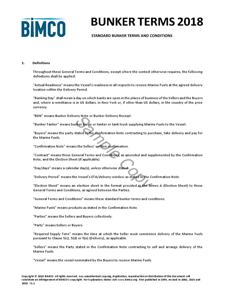 Sample Copy BIMCO Bunker Terms 2018 v3 | PDF | Arbitration | Indemnity