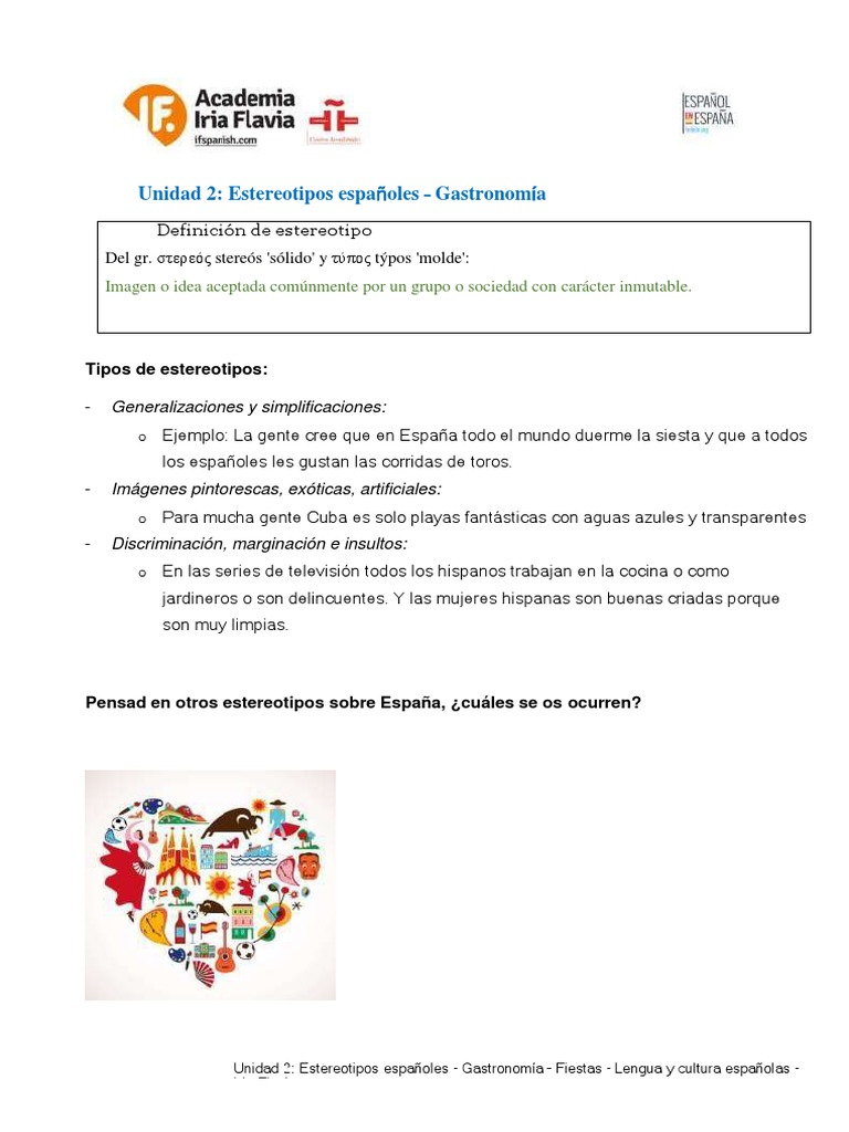 Unidad 2 - Estereotipos Españoles - Gastronomía | PDF