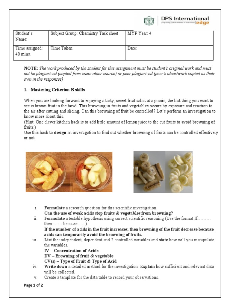 MYP 4 Chemistry Tasksheet | PDF