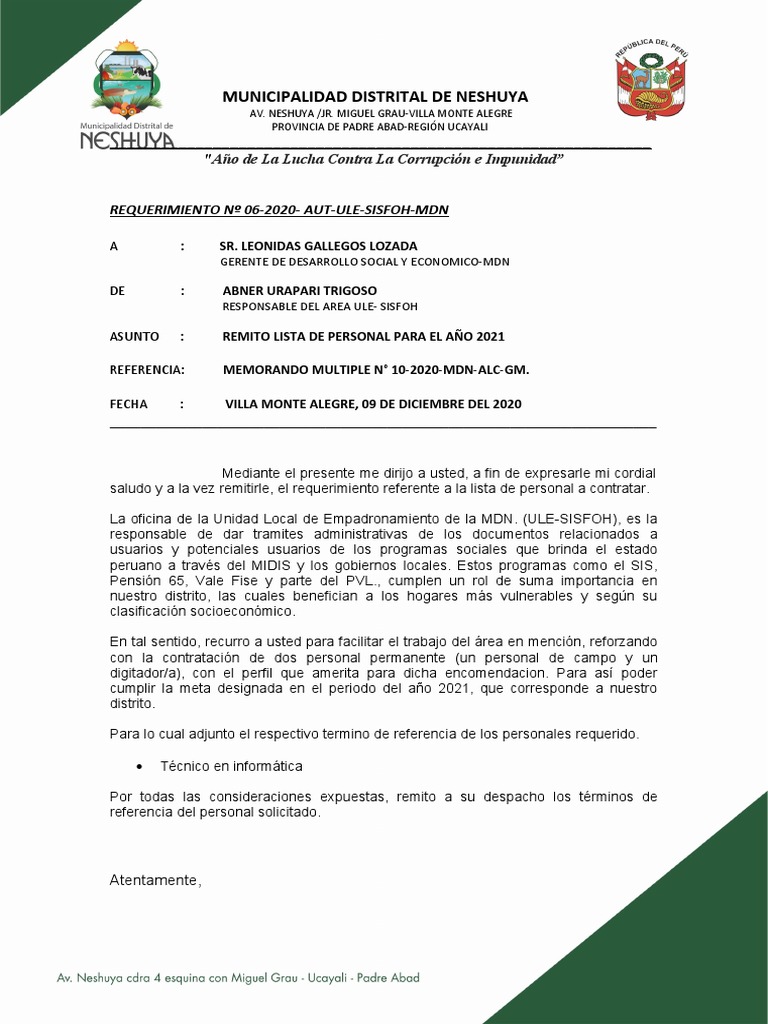 Requerimiento de Personal para El 2021 (Ule-Sisfoh) | PDF