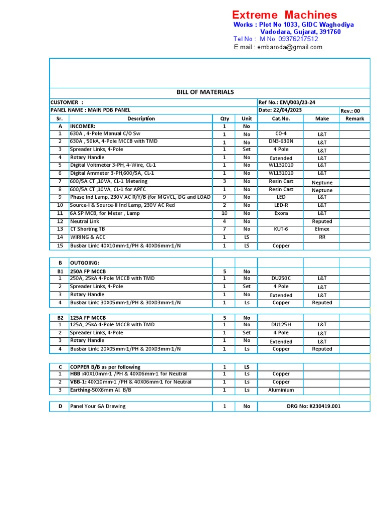 Panel BOM | PDF | Equipment | Electric Power